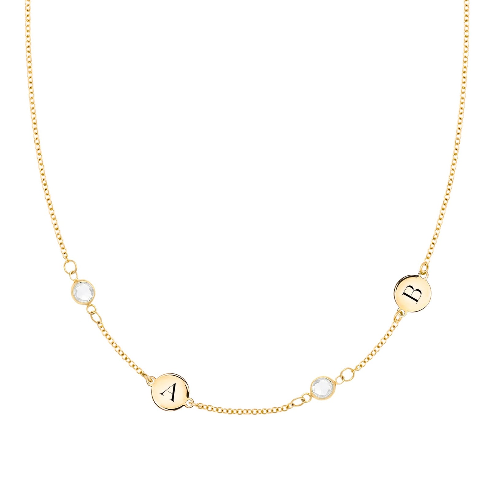 2 Letter & 2 Petite Birthstone Necklace in 14k Gold (Double Spacing)